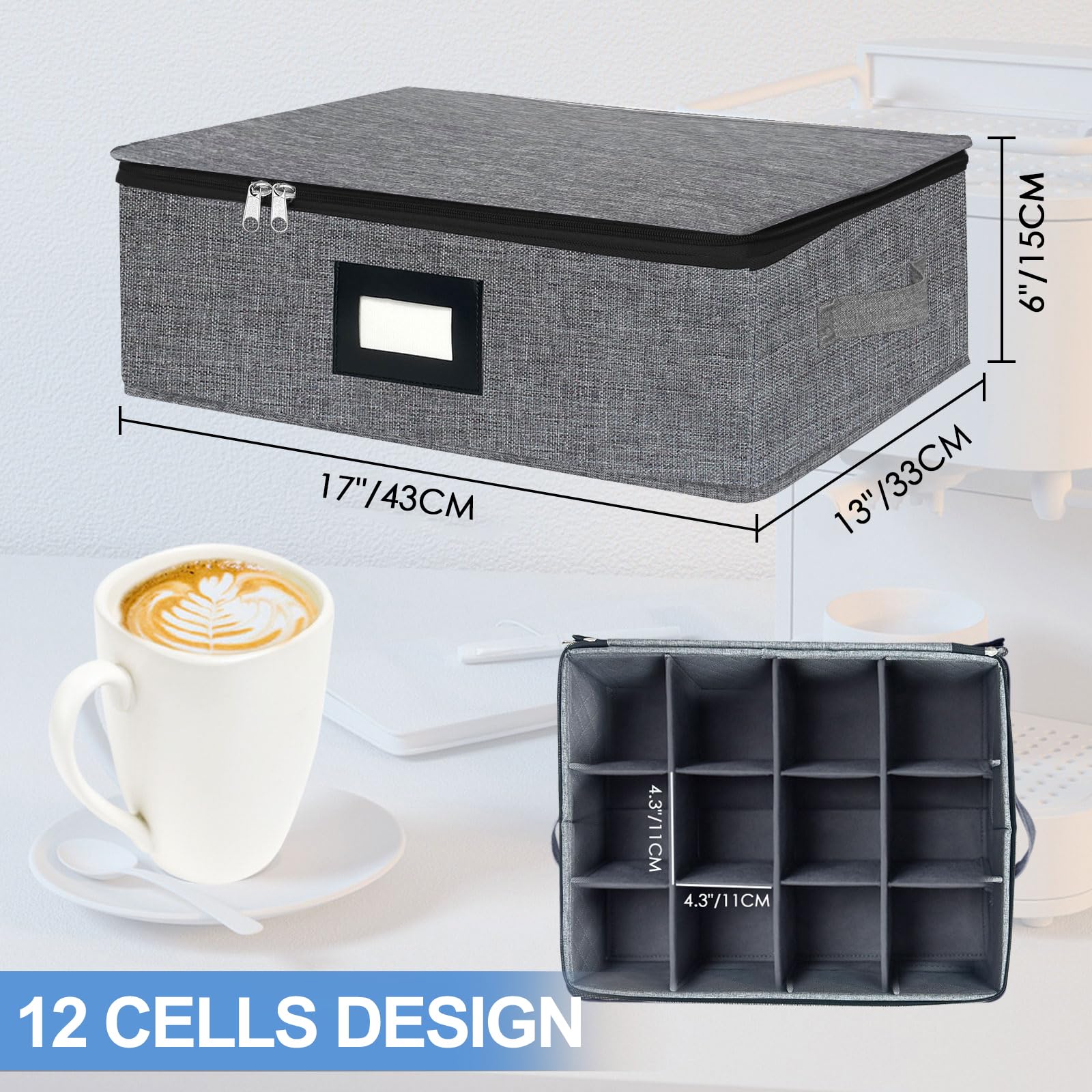 homyfort Mug and Cup Storage with Dividers - Hard Shell and Stackable China Storage Containers with Lid, Label and Handles, Holds 12 Coffee Mugs and Tea Cups (Dark Grey)