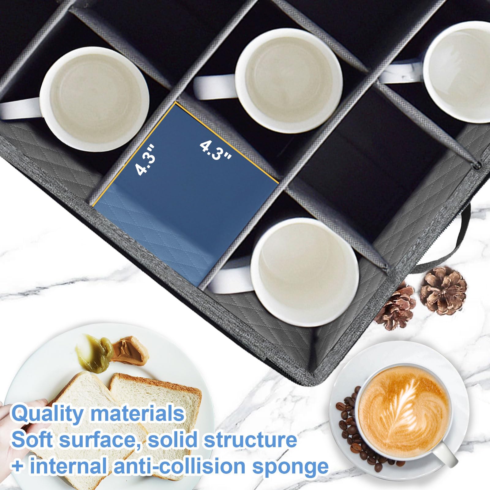 homyfort Mug and Cup Storage with Dividers - Hard Shell and Stackable China Storage Containers with Lid, Label and Handles, Holds 12 Coffee Mugs and Tea Cups (Dark Grey)
