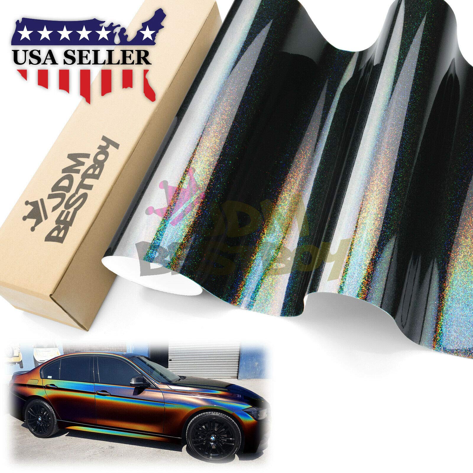 JDMBESTBOY 4"x8" Sample Psychedelic Black Gloss Metallic Rainbow Holographic Vinyl Wrap Sticker Film