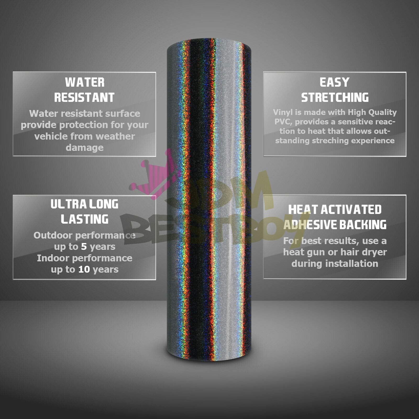 JDMBESTBOY 4"x8" Sample Psychedelic Black Gloss Metallic Rainbow Holographic Vinyl Wrap Sticker Film