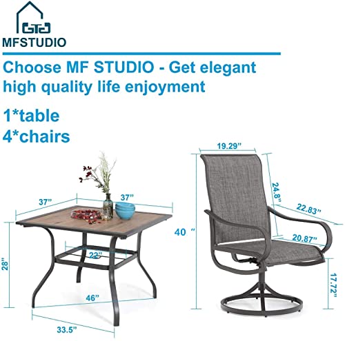 MFSTUDIO 5 Piece Patio Dining Set, 37" Square Outdoor Wood-Like Table and 4 Sling Swivel Chairs for Garden,Backyard,Poolside