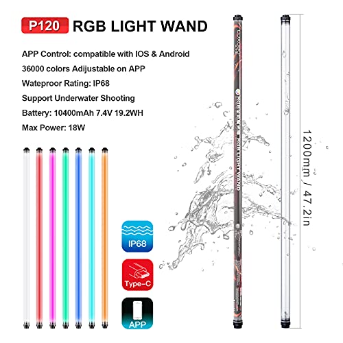 LUXCEO P120 RGB Handheld Photography Light, APP Control 1350 Lumen LED Video Light Wand 360°Full Color 12 Lighting Modes CRI≥95 IP68 Waterproof Built-in Rechargeable Battery 3000k 5750k Colorful Stick