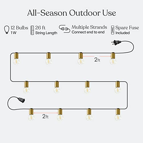 Brightech Glow LED String Lights - 26 Ft Commercial Grade Patio Lights with Brass Accents - Outdoor Waterproof Globe String Light for Backyard, Garden