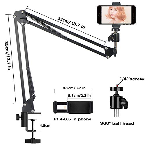 Overhead Video Mount Articulating Arm,Cell Phone Holder, Webcam Stand Lazy Desk Arm Clamp Desktop Suspension Scissor Accessory for Flat Photography Videography Recording Livestream(Black)