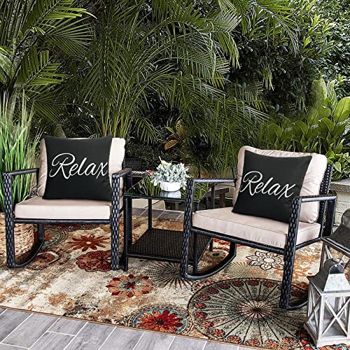 Pyonic Relax Outdooor Waterproof Throw Pillow Covers 18x18 Inch,Square Decorative Garden Cushion with Quotes & Sayings for Patiotent Couch Pack of 2,Black