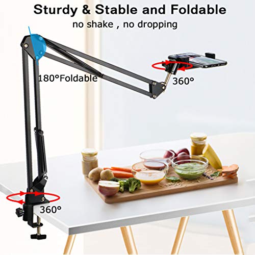 Overhead Video Mount Articulating Arm,Cell Phone Holder, Webcam Stand Lazy Desk Arm Clamp Desktop Suspension Scissor Accessory for Flat Photography Videography Recording Livestream(Black)