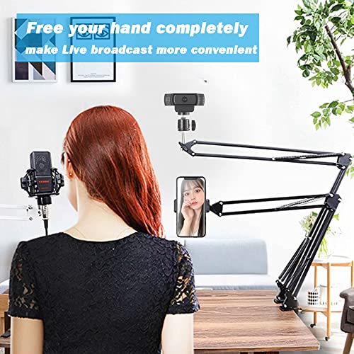 Overhead Video Mount Articulating Arm,Cell Phone Holder, Webcam Stand Lazy Desk Arm Clamp Desktop Suspension Scissor Accessory for Flat Photography Videography Recording Livestream(Black)