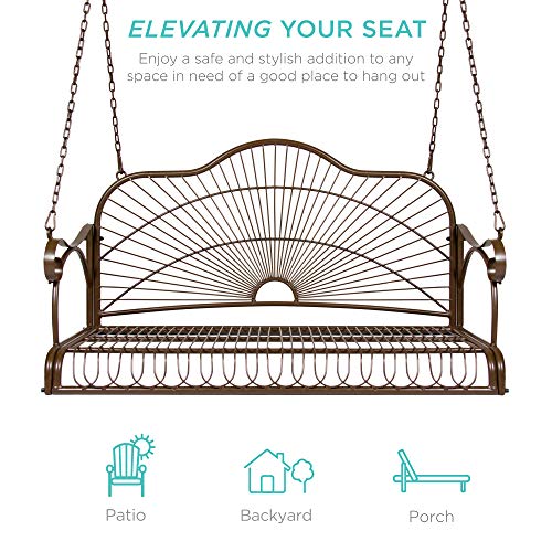 Best Choice Products Hanging Iron Porch Swing Bench Outdoor Patio Furniture for Garden, Deck w/Armrests, Mounting Chains