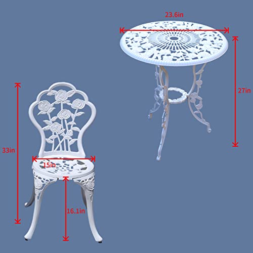 Outdoor Furniture Bistro Set with Rose Pattern 1 Table 2 Chairs for Garden Patio Porch (White)