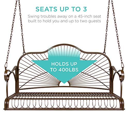Best Choice Products Hanging Iron Porch Swing Bench Outdoor Patio Furniture for Garden, Deck w/Armrests, Mounting Chains