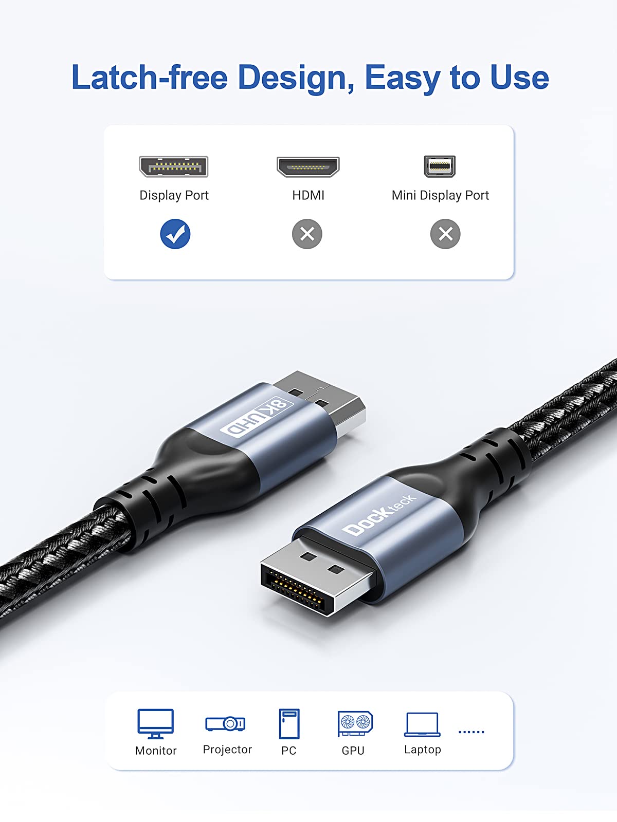 dockteck 8K DisplayPort Cable 1.4 10FT, DP to DP UHD Speed Display Port Cord, Cable Support HBR3 32.4Gbps HDCP Braided Cable for TV FreeSync G-Sync Gaming Monitor PC Laptop