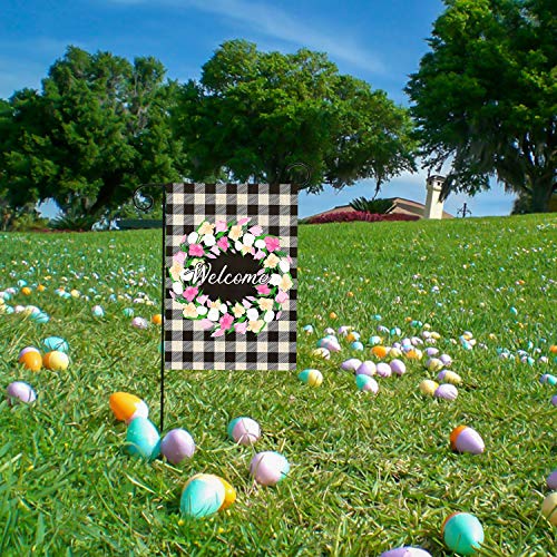 GROBRO7 Easter Buffalo Plaid Garden Flag Burlap Rabbit Flag House Decorative Welcome Checkered Yard Decoration Double Sided Print Seasonal Outdoor Décor for Happy Easter Day 12"x18"