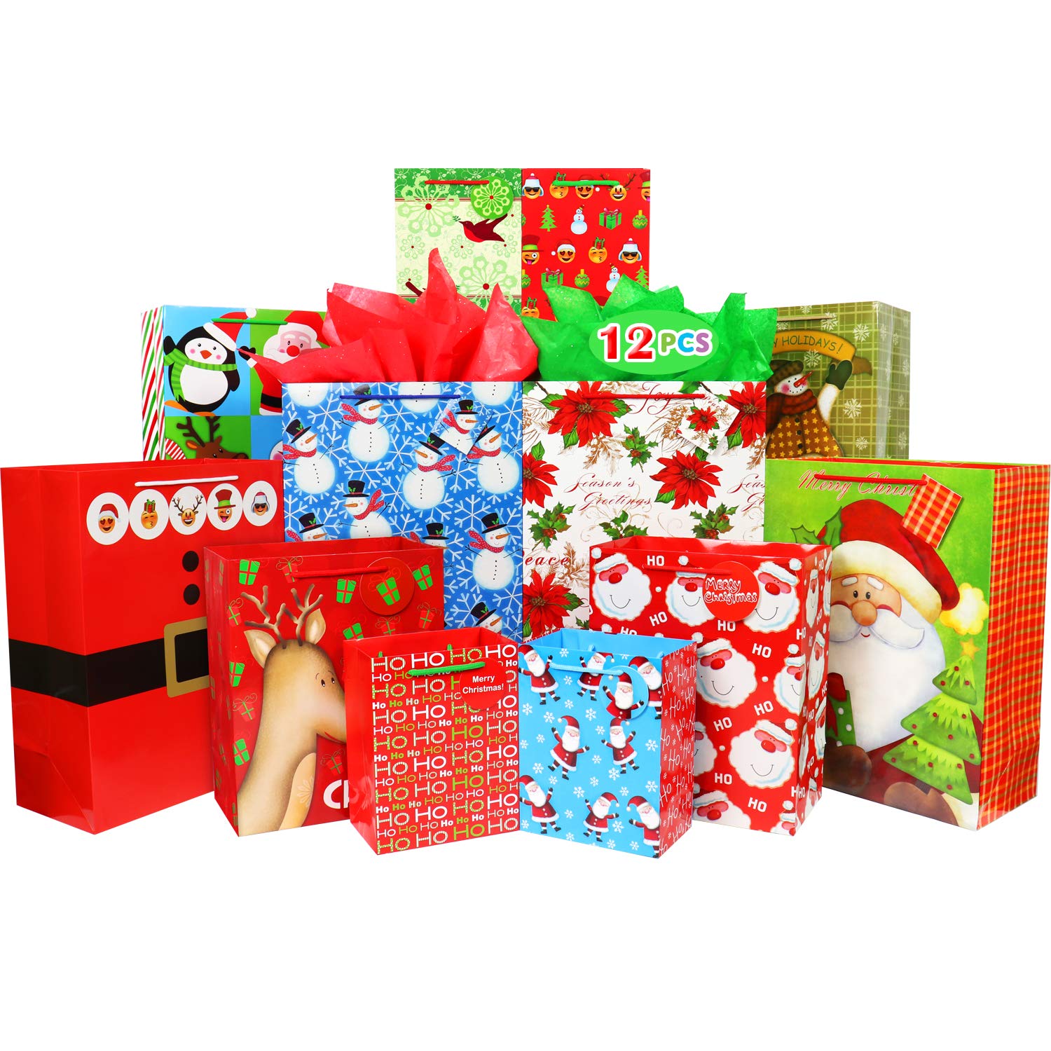 Fzopo Christmas Gift Bags Bulk Set Includes 4 Extra Large 4 Large 4 Medium with Handles Christmas Print Gift Bags Assorted Sizes for Wrapping Holiday Gifts (Variety Pack)