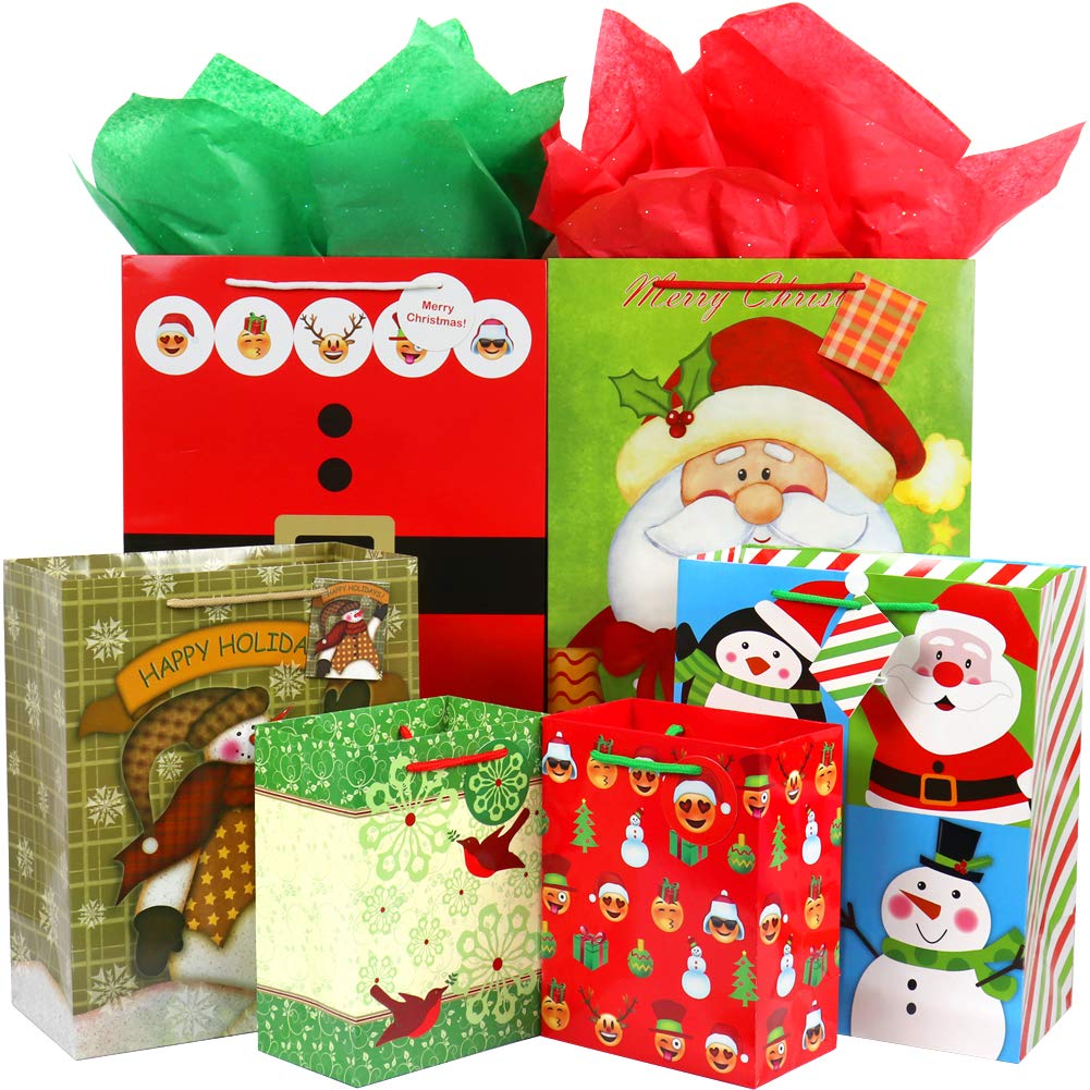 Fzopo Christmas Gift Bags Bulk Set Includes 4 Extra Large 4 Large 4 Medium with Handles Christmas Print Gift Bags Assorted Sizes for Wrapping Holiday Gifts (Variety Pack)