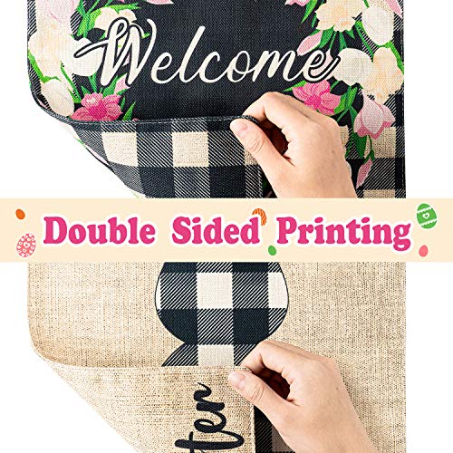GROBRO7 Easter Buffalo Plaid Garden Flag Burlap Rabbit Flag House Decorative Welcome Checkered Yard Decoration Double Sided Print Seasonal Outdoor Décor for Happy Easter Day 12"x18"