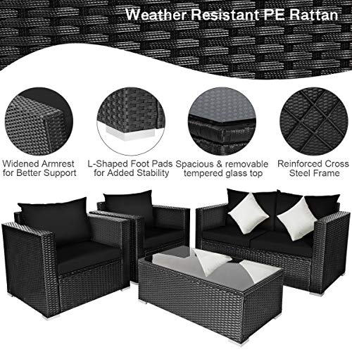 HAPPYGRILL 4 Pieces Patio Conversation Set Outdoor Rattan Furniture Set with Tempered Glass Tabletop & Removable Cushions Sectional Wicker Sofa Set for Garden Backyard Poolside