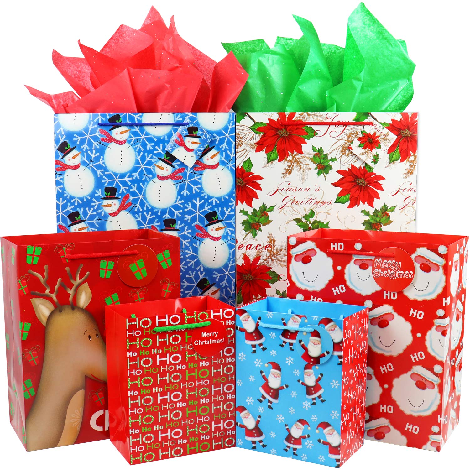 Fzopo Christmas Gift Bags Bulk Set Includes 4 Extra Large 4 Large 4 Medium with Handles Christmas Print Gift Bags Assorted Sizes for Wrapping Holiday Gifts (Variety Pack)