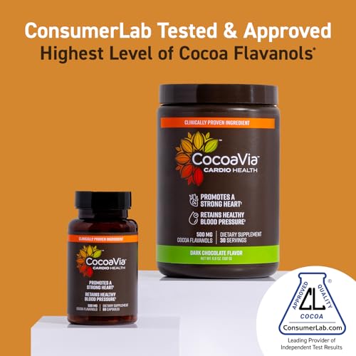 CocoaVia Cardio Health Supplement, 30 Day, 500mg Cocoa Flavanols, Support Heart Health, Boost Nitric Oxide, Blood Circulation, Energy, Vegan, Dark Chocolate, 60 Capsules