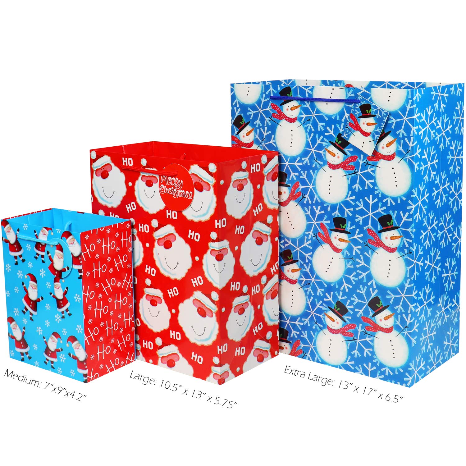 Fzopo Christmas Gift Bags Bulk Set Includes 4 Extra Large 4 Large 4 Medium with Handles Christmas Print Gift Bags Assorted Sizes for Wrapping Holiday Gifts (Variety Pack)