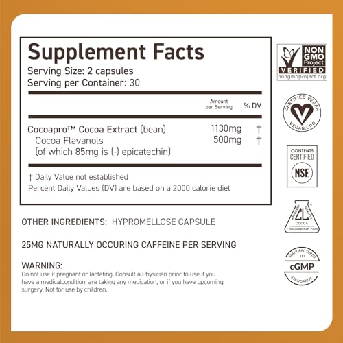 CocoaVia Cardio Health Supplement, 30 Day, 500mg Cocoa Flavanols, Support Heart Health, Boost Nitric Oxide, Blood Circulation, Energy, Vegan, Dark Chocolate, 60 Capsules
