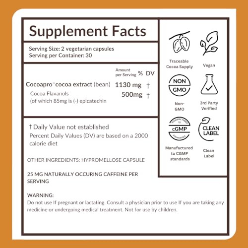 CocoaVia Cardio Health Supplement, 30 Day, 500mg Cocoa Flavanols, Support Heart Health, Boost Nitric Oxide, Blood Circulation, Energy, Vegan, Dark Chocolate, 60 Capsules