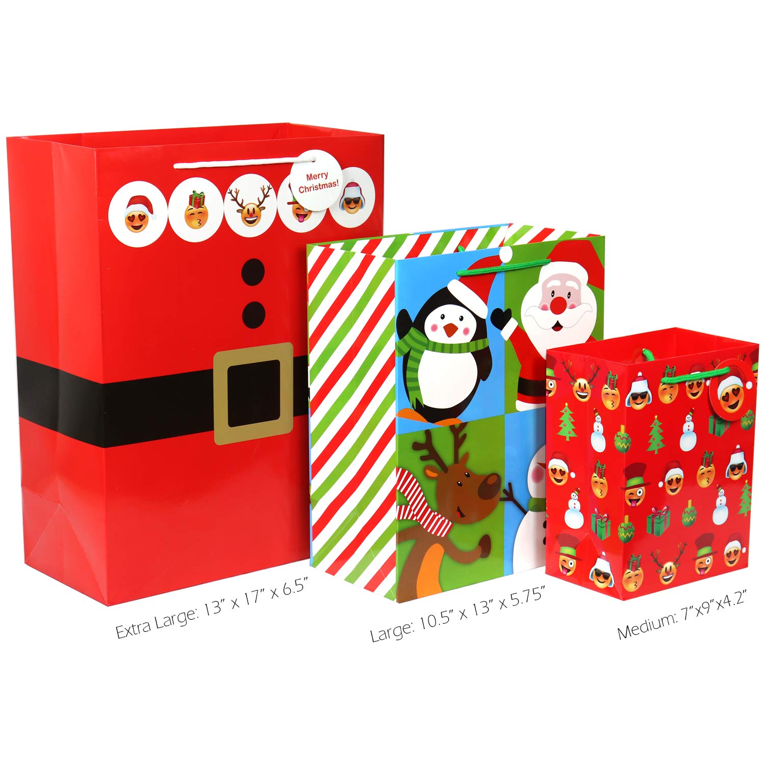 Fzopo Christmas Gift Bags Bulk Set Includes 4 Extra Large 4 Large 4 Medium with Handles Christmas Print Gift Bags Assorted Sizes for Wrapping Holiday Gifts (Variety Pack)