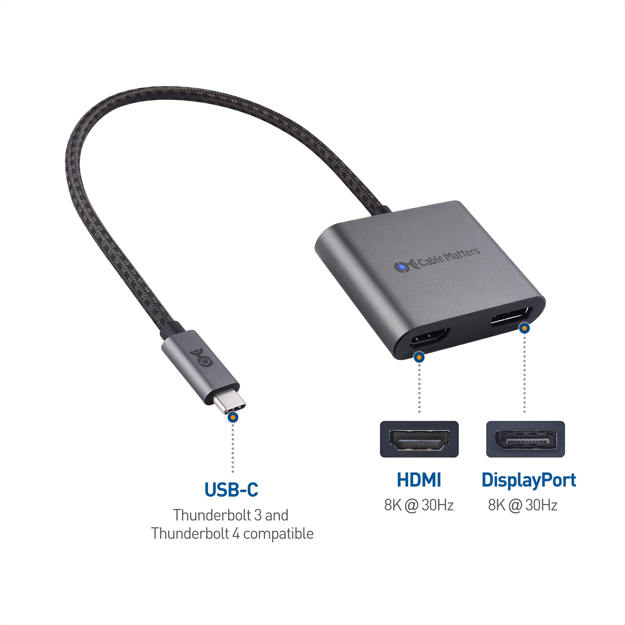 Cable Matters 8K or Dual 4K @60Hz USB-C to HDMI and DisplayPort Adapter in Gray -Thunderbolt 4 and USB4 Compatible for DELL XPS, Surface Pro, MacBook and More(macOS only supports one extended display)