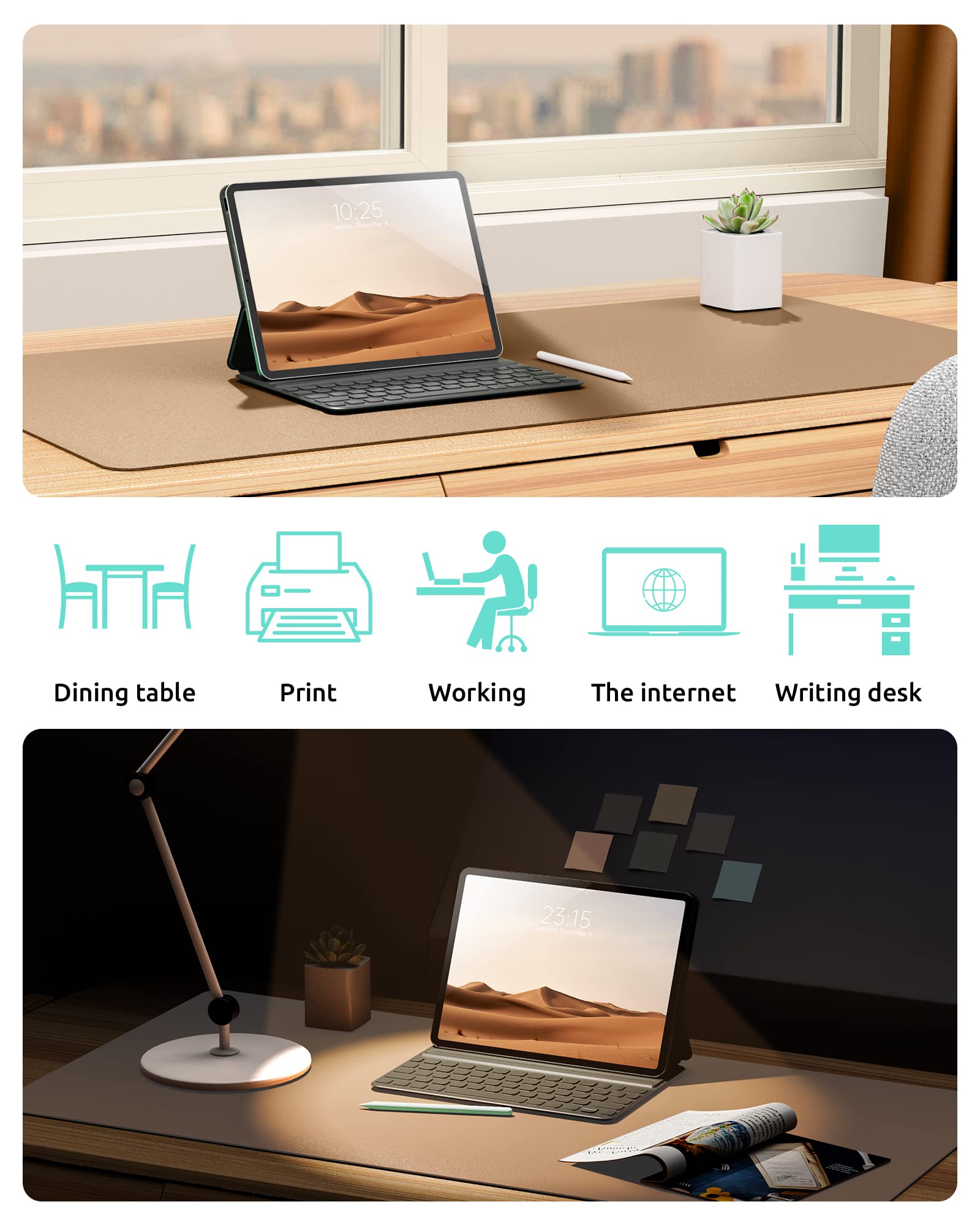 YSAGi Leather Desk Pad Protector, Office Mat, Large Mouse Pad, Non-Slip PU Blotter, Laptop Waterproof Writing for and Home (23.6" x 13.8", Khaki)