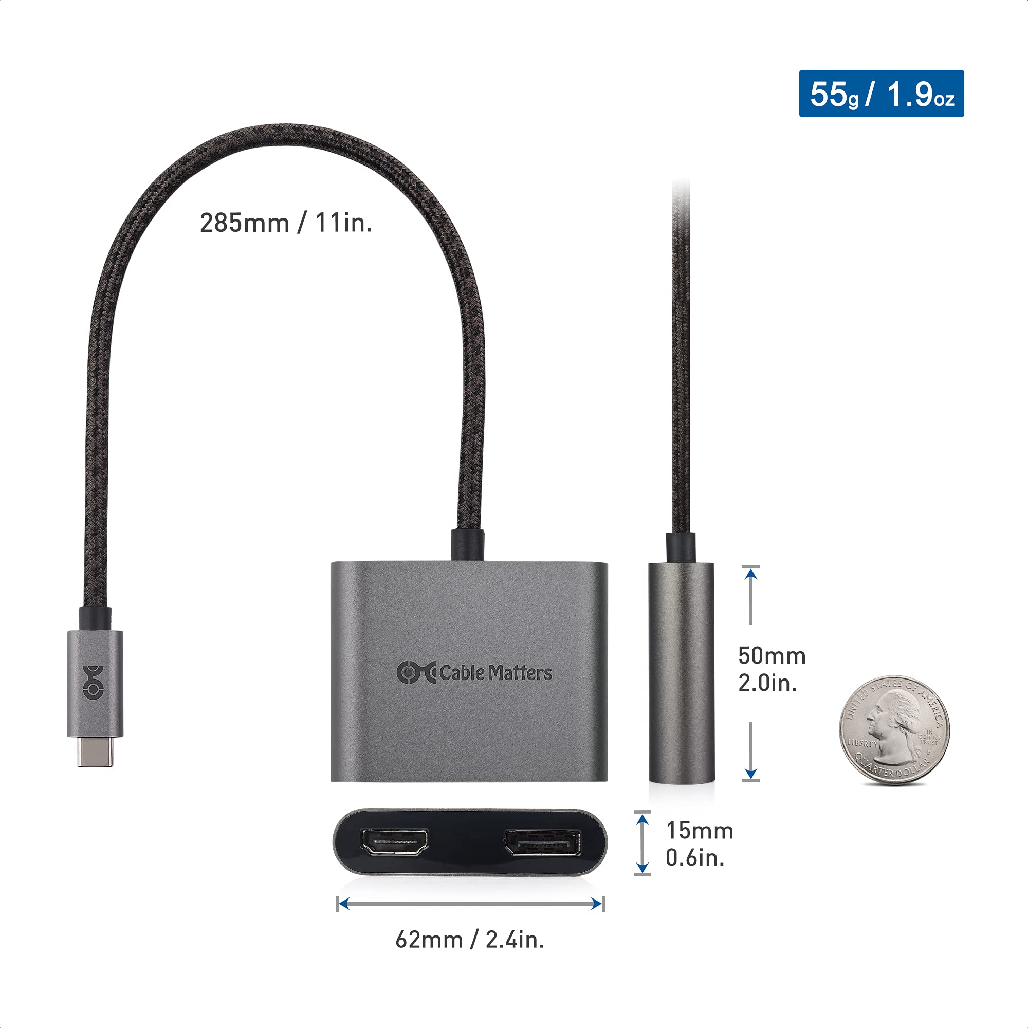 Cable Matters 8K or Dual 4K @60Hz USB-C to HDMI and DisplayPort Adapter in Gray -Thunderbolt 4 and USB4 Compatible for DELL XPS, Surface Pro, MacBook and More(macOS only supports one extended display)