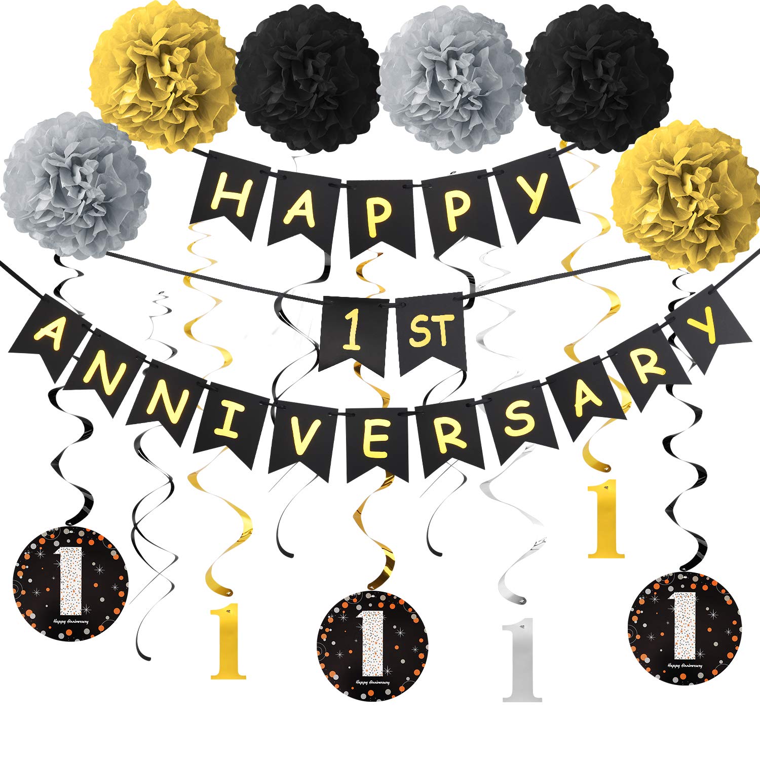 1 Year Anniversary Decorations Kit, 1st Wedding Anniversary Banner Party Decorations Suppilies - Including Gold Glitter Happy 1th Anniversary Banner / 9Pcs Sparkling 1 Hanging Swirl /6Pcs Poms…