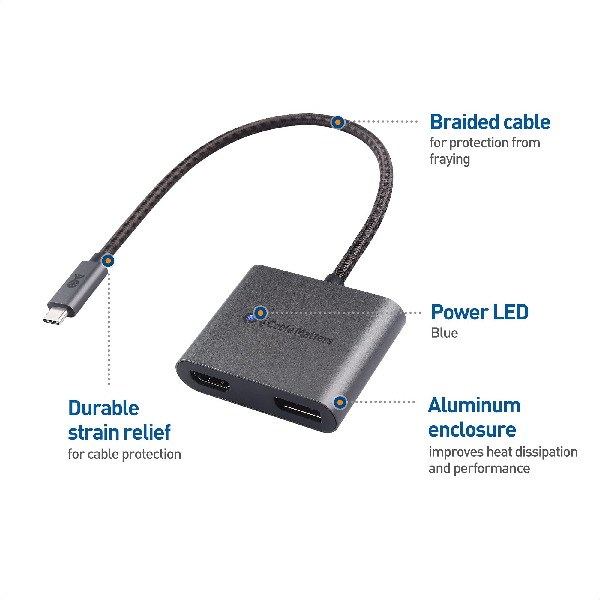 Cable Matters 8K or Dual 4K @60Hz USB-C to HDMI and DisplayPort Adapter in Gray -Thunderbolt 4 and USB4 Compatible for DELL XPS, Surface Pro, MacBook and More(macOS only supports one extended display)