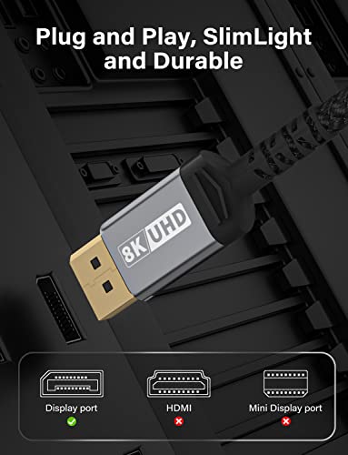 HIIRII DisplayPort Cable 1.4, DP Cable 8K 6.6FT (8K@60Hz, 4K@144Hz, 1080P@240Hz) 32.4Gbps, HDCP 2.2, HDR10 DisplayPort 1.4 for Gaming Monitor, Graphics, PC (6.6ft, Grey, 1)