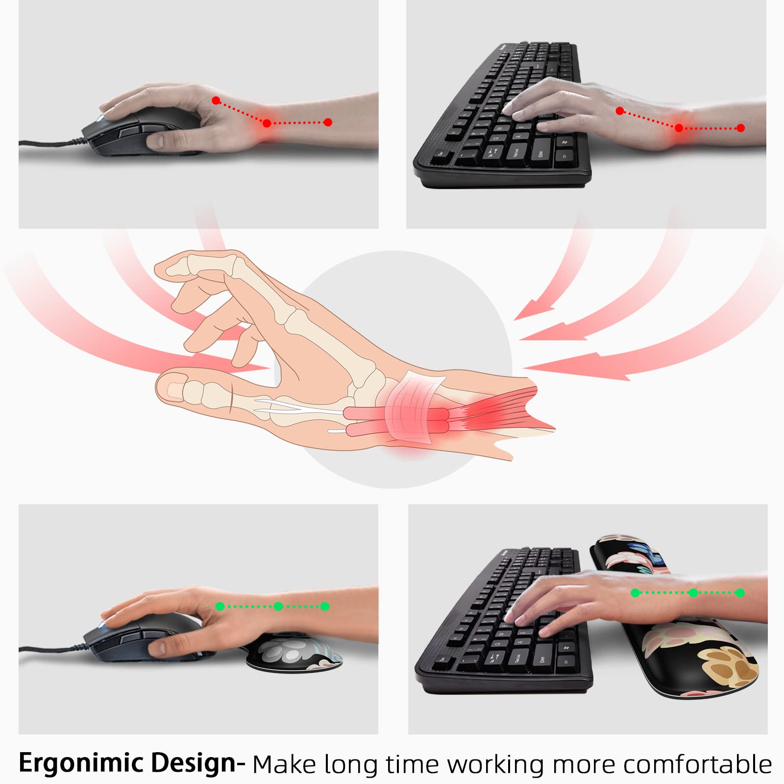 PULAIXIN Mouse Pad Wrist Support Keyboard Wrist Rest Support Extended Gaming Mouse Pad (34.5×15.7 in) Large Ergonomic 5 in 1 Mousepad Desk Mat Combo - CatPaw