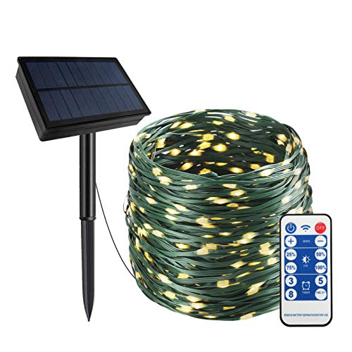MZD8391 300LED Outdoor Solar String Lights with 8 Lighting Modes, 105 Feet Waterproof Solar Powered Lights for Indoor Outdoor Christmas Patio Garden Yard Wedding Party Tent Tree Decor, Warm White