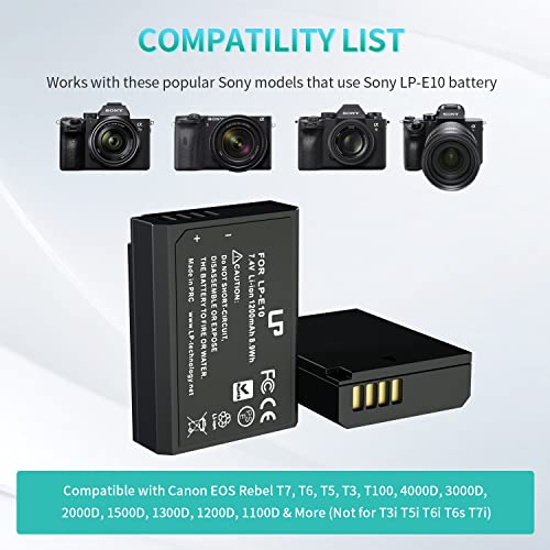 LP-E10 Battery Charger Pack, LP 2-Pack Battery & Dual Slot Charger, Compatible with Canon EOS Rebel T7, T6, T5, T3, T100, 4000D, 3000D, 2000D, 1500D, 1300D & More (Not for T3i T5i T6i T6s T7i)