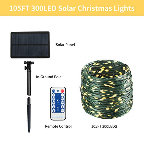 MZD8391 300LED Outdoor Solar String Lights with 8 Lighting Modes, 105 Feet Waterproof Solar Powered Lights for Indoor Outdoor Christmas Patio Garden Yard Wedding Party Tent Tree Decor, Warm White