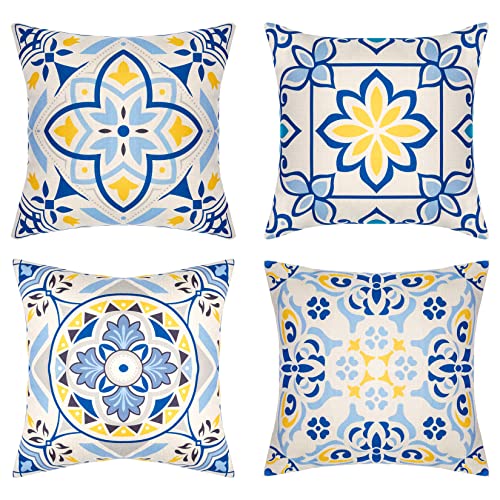 Set of 4 Decorative Waterproof Throw Pillow Covers Outdoor Boho Floral Cushion Covers for Patio Furniture Porch , 18x18 Inch
