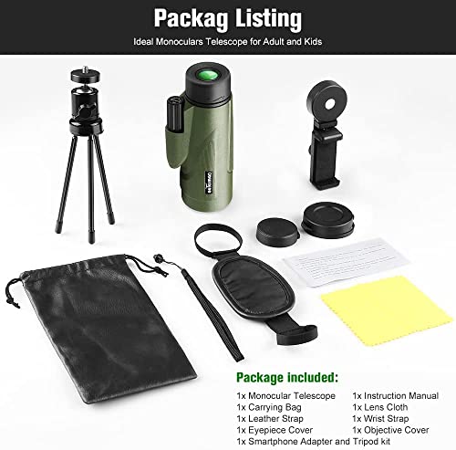 Outerman 10x42 HD Monocular Telescope with Smartphone Holder, Full Glass Optical Lens with FMC BAK4 Spotting Scope Monoculars for Adults Kids, Perfect for Bird Watching Hunting Hiking Travelling