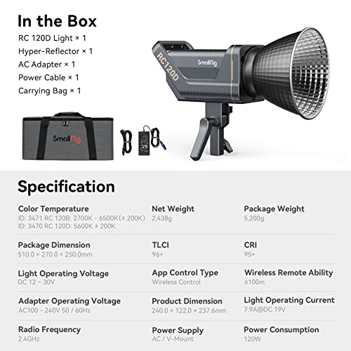 SmallRig RC 120D 120W COB LED Video Light, 5600K, 62600Lux@1m On-Board and SmallGoGo App Control, TLCI 96+ CRI 95+, 9 Lighting Effects, Support AC Adapter and 14.4V/26V V-Mount Battery- 3470