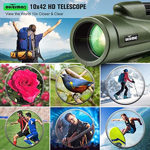 Outerman 10x42 HD Monocular Telescope with Smartphone Holder, Full Glass Optical Lens with FMC BAK4 Spotting Scope Monoculars for Adults Kids, Perfect for Bird Watching Hunting Hiking Travelling