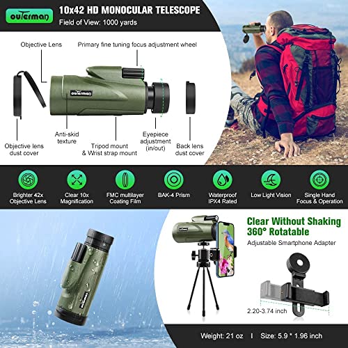 Outerman 10x42 HD Monocular Telescope with Smartphone Holder, Full Glass Optical Lens with FMC BAK4 Spotting Scope Monoculars for Adults Kids, Perfect for Bird Watching Hunting Hiking Travelling