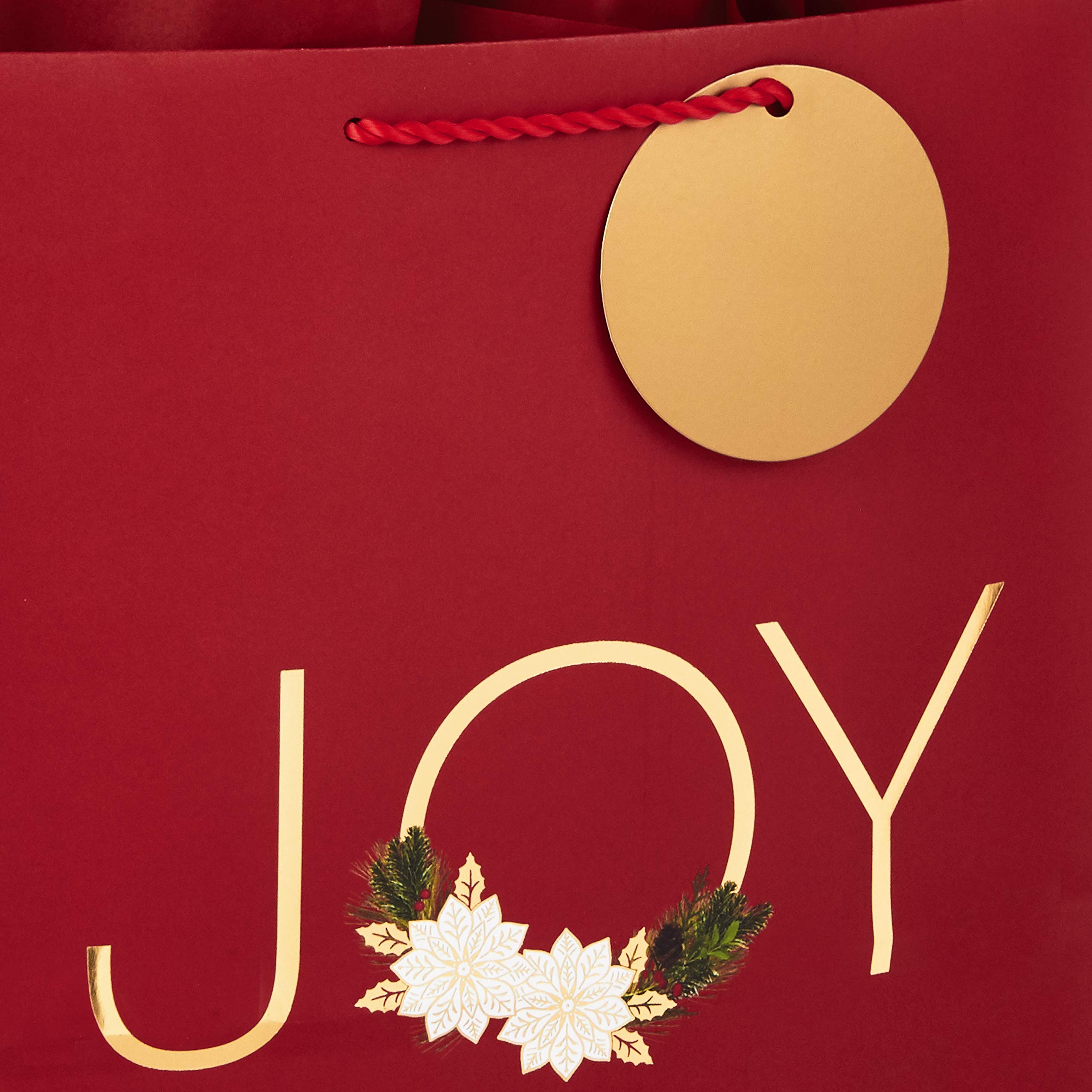 Hallmark 13" Large Christmas Gift Bag Assortment with Tissue Paper (3 Bags: "Merry Christmas" Wreath, Gold Joy, Snowy Red Barn) Red, White, Gold Foil