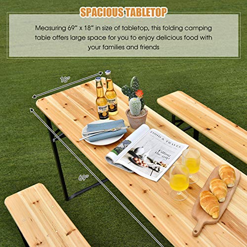 Rainfally 70” 3-Piece Portable Folding Picnic Table Bench Set, Portable Picnic Beer Table w/Wooden Tabletop, Outdoor Foldable Dining Table Set for Party, Picnic, Camping, Patio, Garden, Natural Brown