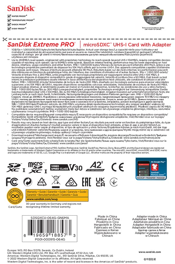 SanDisk 64GB Extreme PRO® microSD™ UHS-I Card with Adapter C10, U3, V30, A2, 200MB/s Read 90MB/s Write SDSQXCU-064G-GN6MA