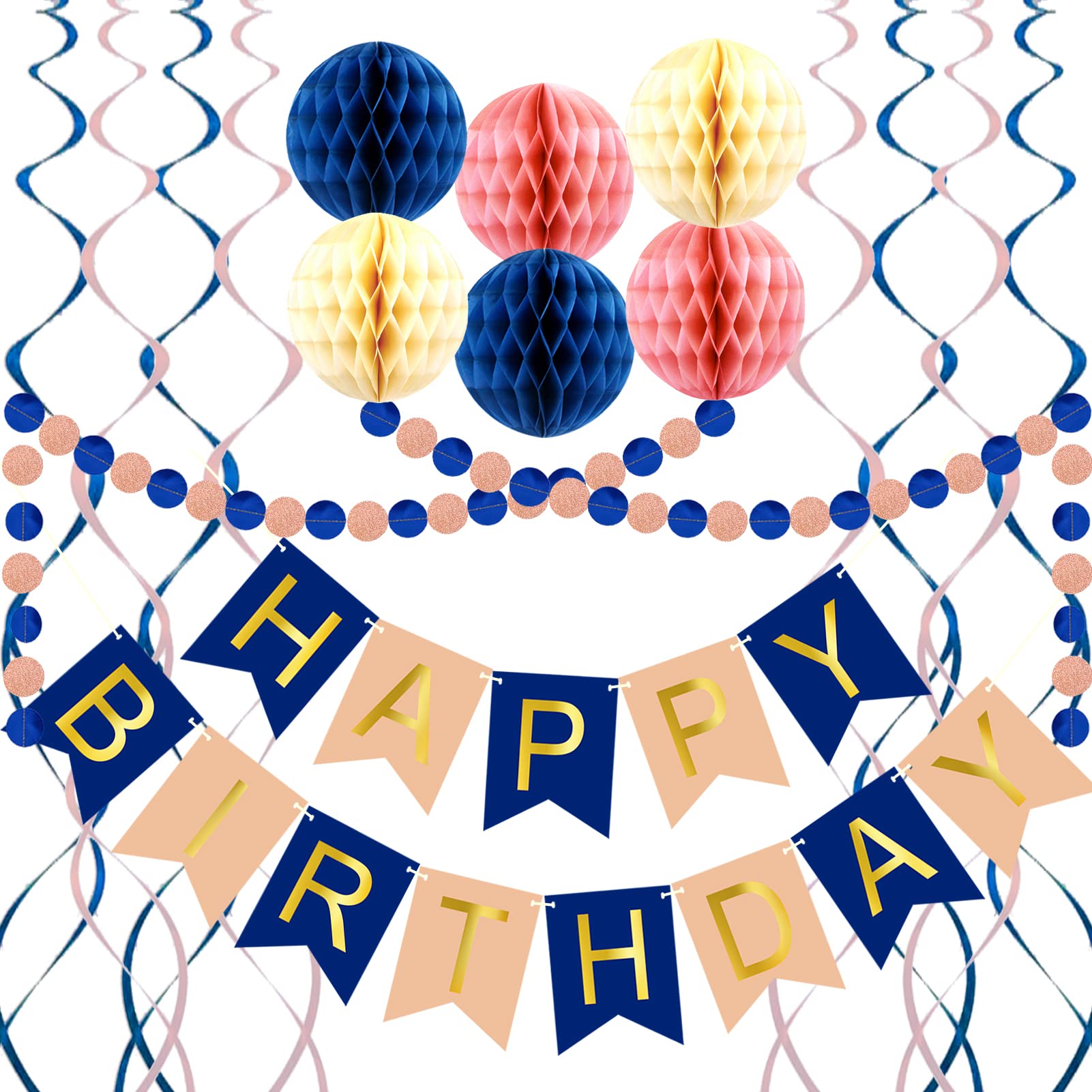 Navy Rose Gold Birthday Decorations with Happy Birthday Banner, Honeycomb Balls, Metallic Hanging Swirls and Circle Parper Garland, Birthday Decorations for Women