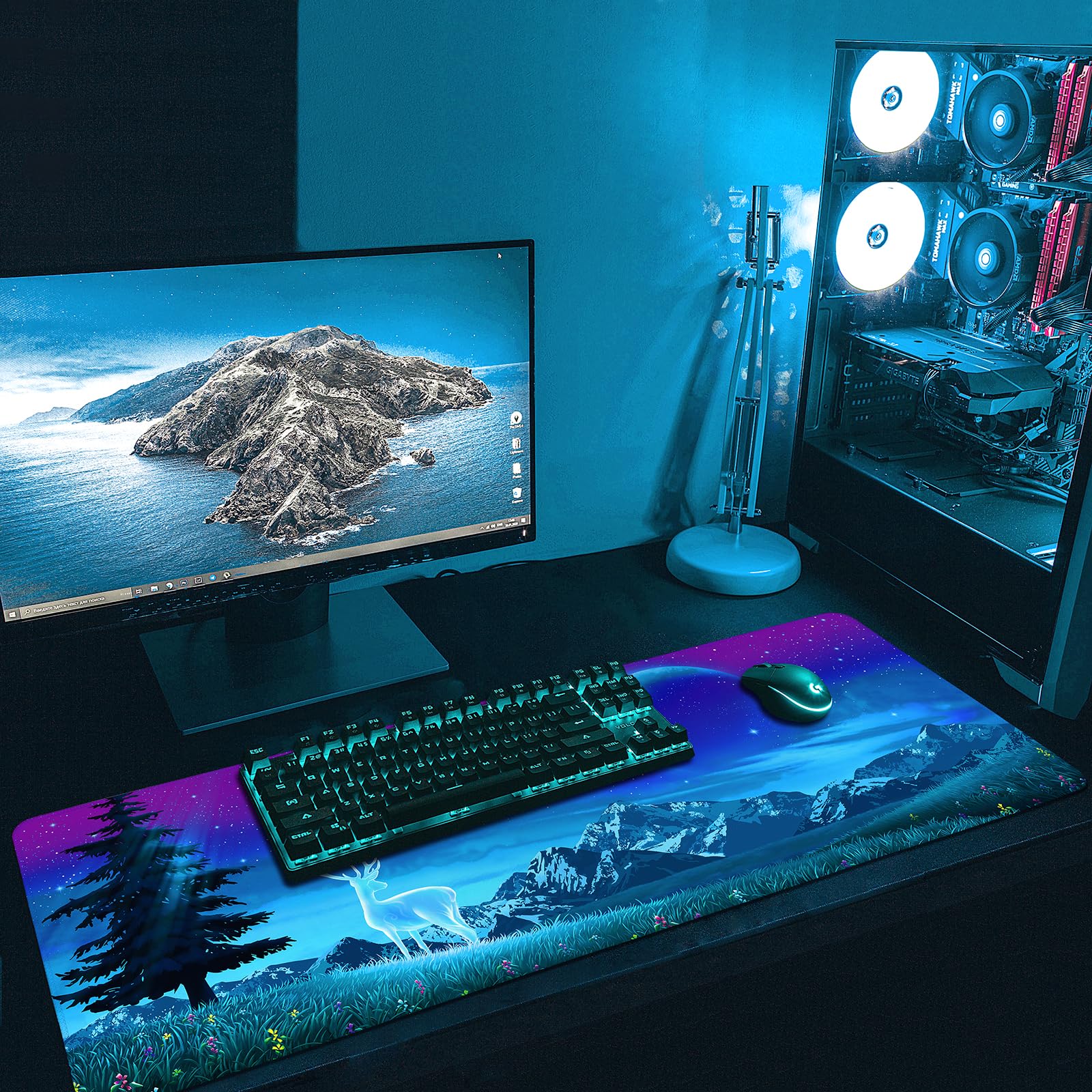 UJoowalk Gaming Mouse Pad, Large Mouse Pad, Keyboard and Mouse Pad, XL Mousepad, 31.5 x 11.8¡¯¡¯, Non-Slip Base Stitched Edge for Home Office Gaming Work, Galaxy Print Forest Moon Deer