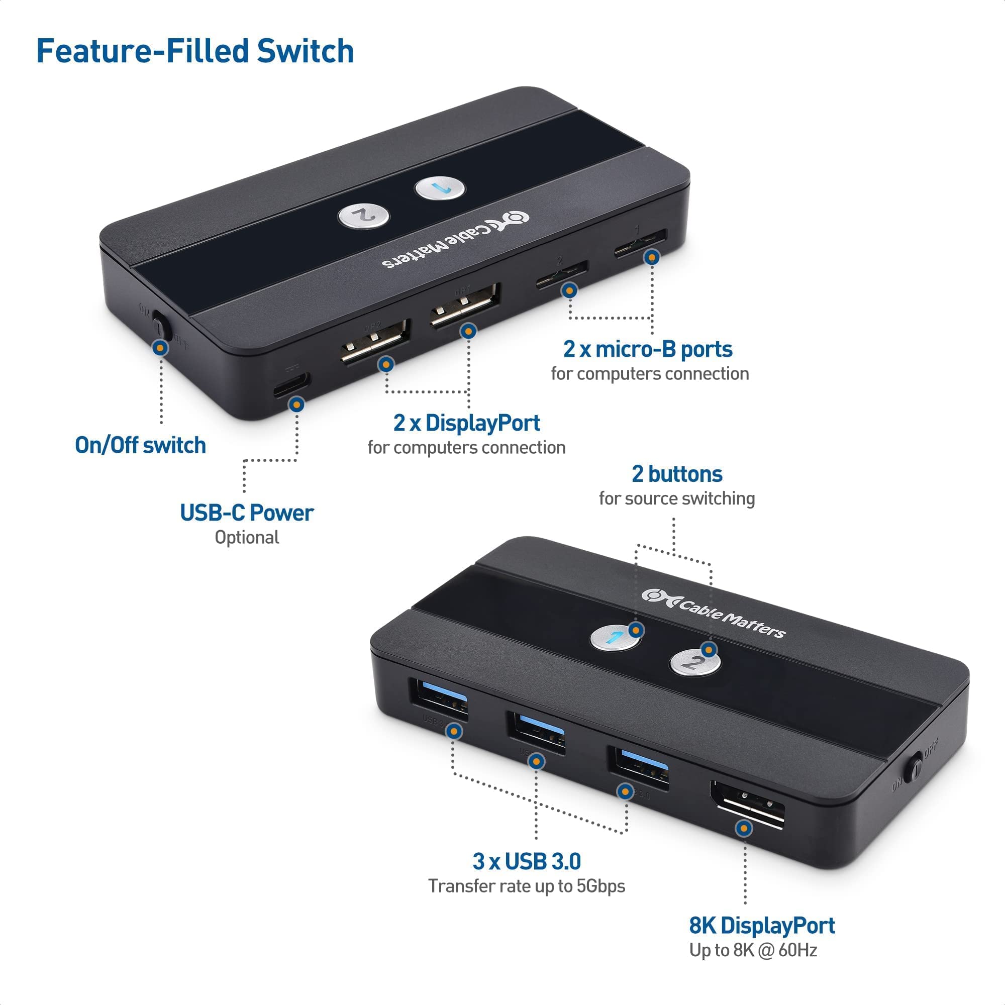 Cable Matters USB 3.0 KVM Switch DisplayPort 1.4 for 2 Computers, USB C to DisplayPort 1.4 Adapter, and USB C to USB Adapter Bundle
