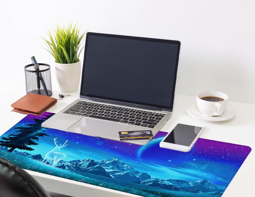 UJoowalk Gaming Mouse Pad, Large Mouse Pad, Keyboard and Mouse Pad, XL Mousepad, 31.5 x 11.8¡¯¡¯, Non-Slip Base Stitched Edge for Home Office Gaming Work, Galaxy Print Forest Moon Deer