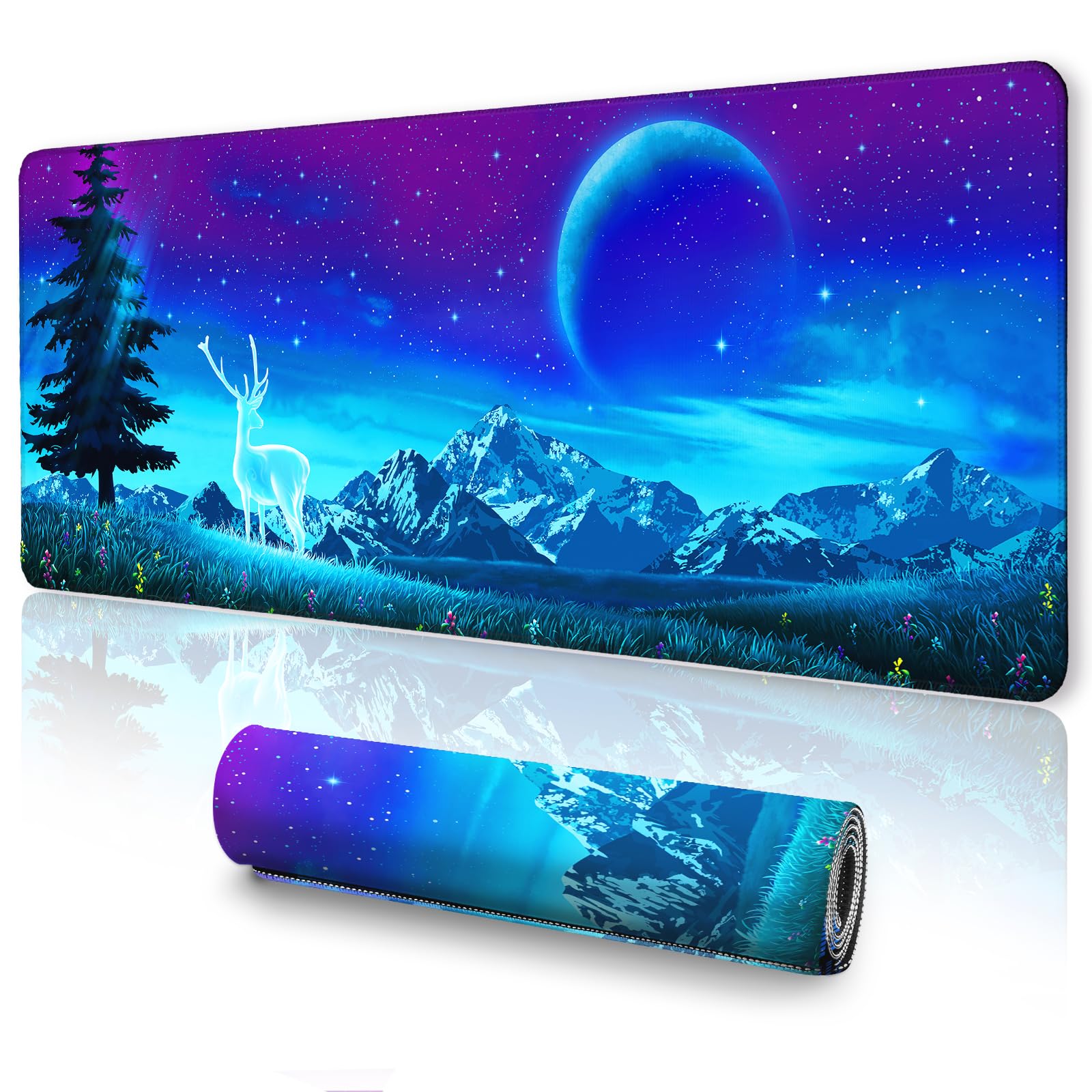 UJoowalk Gaming Mouse Pad, Large Mouse Pad, Keyboard and Mouse Pad, XL Mousepad, 31.5 x 11.8¡¯¡¯, Non-Slip Base Stitched Edge for Home Office Gaming Work, Galaxy Print Forest Moon Deer