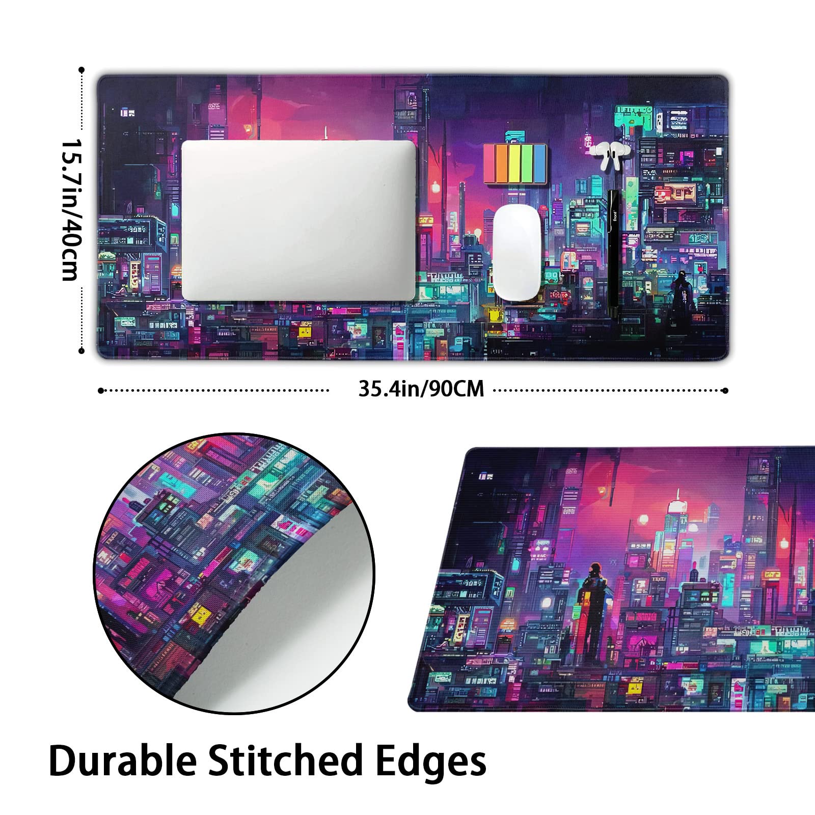 Retro Japanese Anime Gaming Mouse Pad XXL Cool Dark Purple Red Vaporwave City Extended Large Desk Mat Big Mousepad Non-Slip Rubber Base Stitched Edge Long Mousepad for Desk Computer, 35.4 x 15.7 in